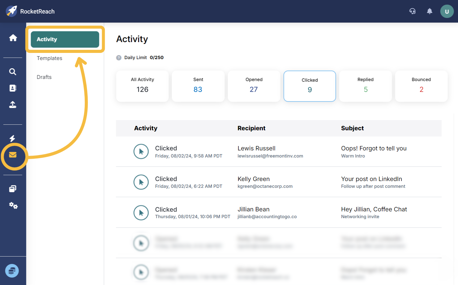 View Email Activity and Tracking | Messages – RocketReach
